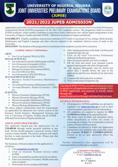 2021/2022 JUPEB ADMISSION - University Of Nigeria Nsukka